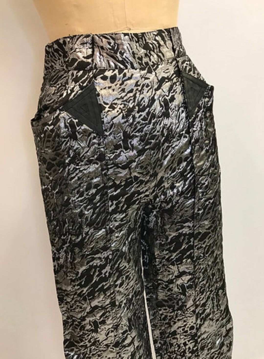 80's Black and Silver Brocade High Waisted Trousers - Etsy