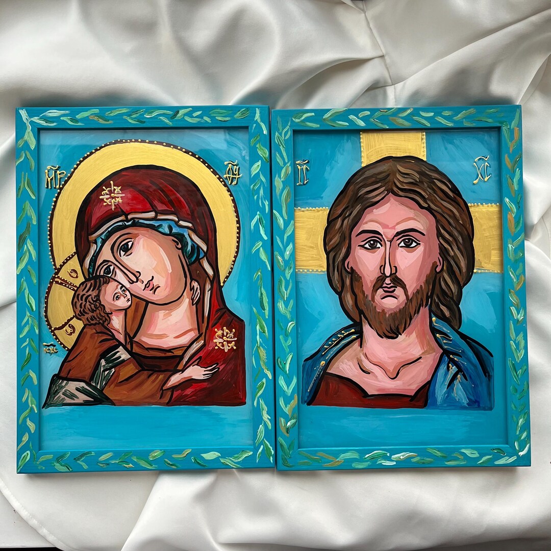 Mother of God and Jesus Christ , Set of Two Hand Painted Icons, Wedding Diptych, Wedding Icons ...