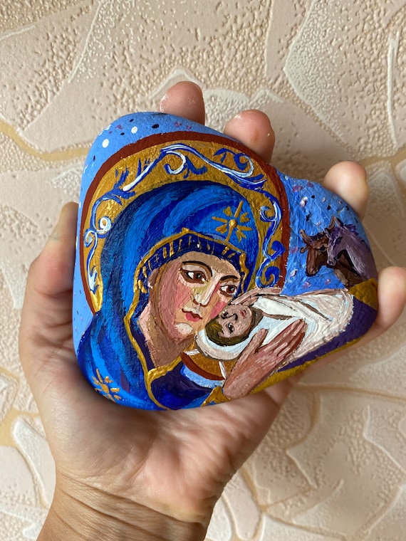 Virgin Mary With Jesus Child Icon of Nativity on Stone - Etsy