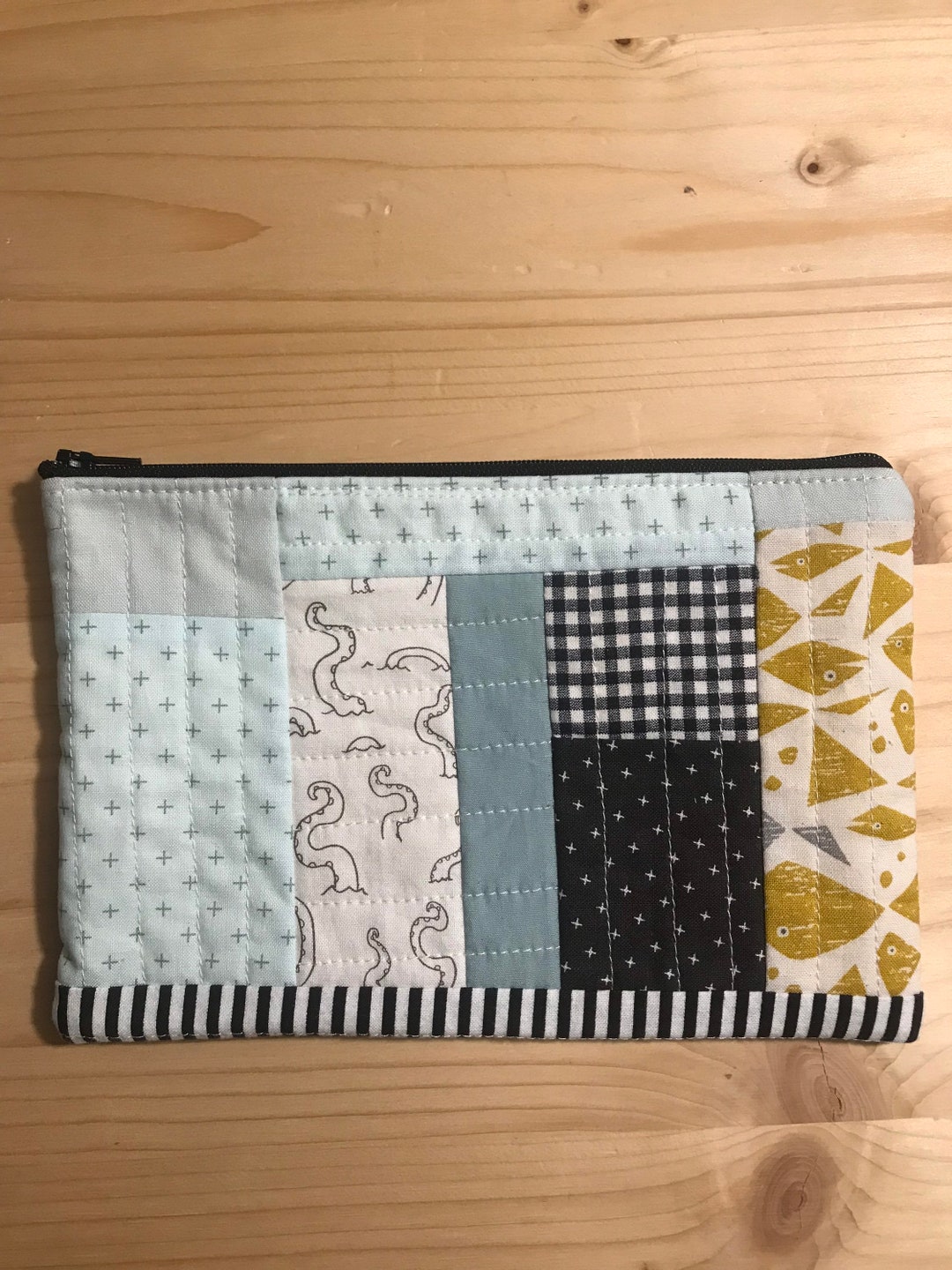 Quilted Zipper Pouch, Sea Monster Bag, Handmade Quilted Bag, Zipper Pouch, Pencil Case, Art ...