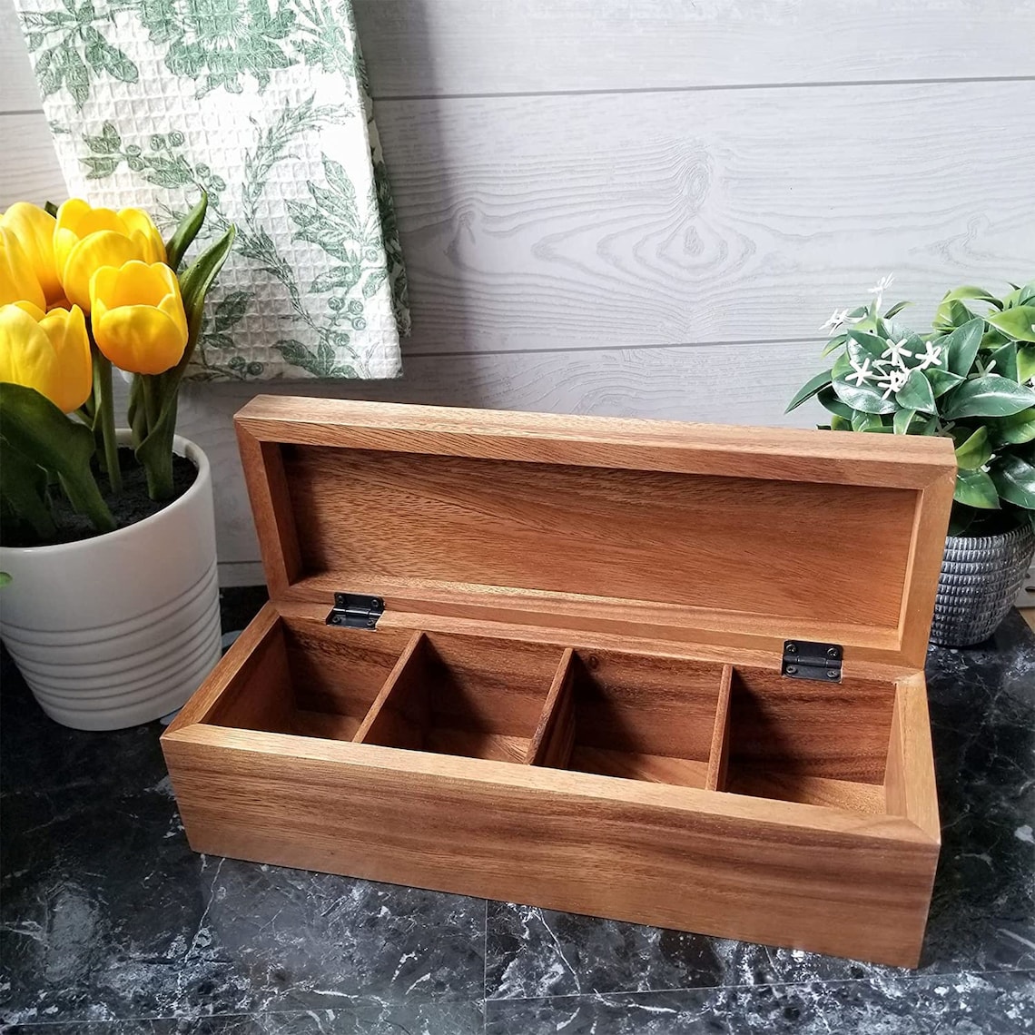Caja de té de madera acacia con 4 secciones 12-1/2 x | Etsy