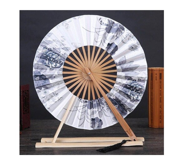 Circle folding fan bamboo handle japanese motive silk hand | Etsy