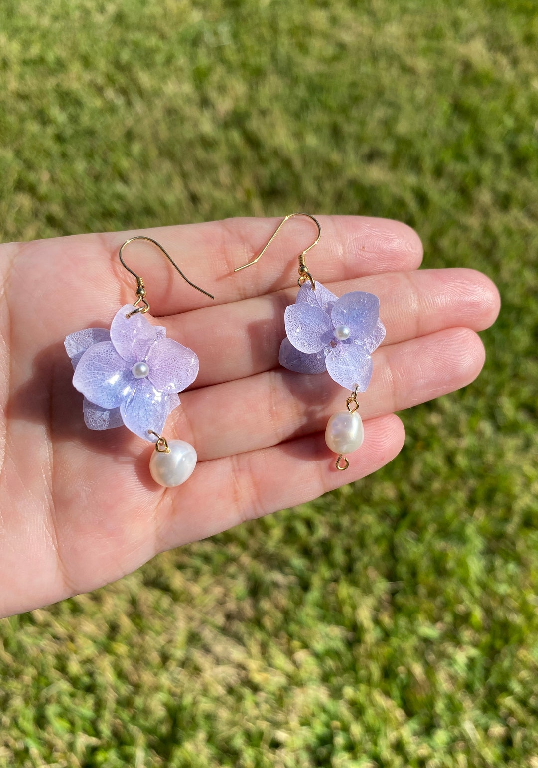 Purple Hydrangea Flower Earrings/ Resin Flower Earrings/ Dried Flower ...