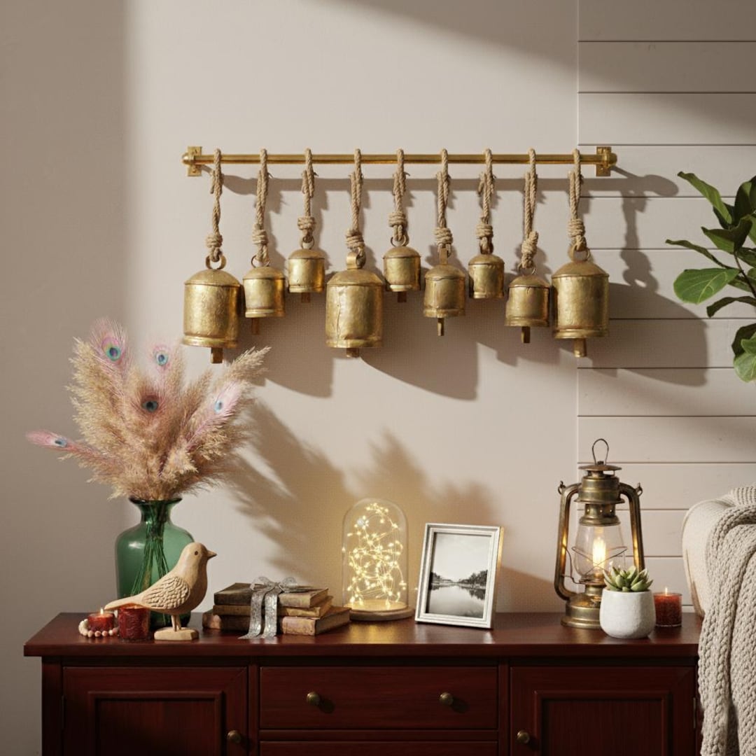 Handcrafted Brass Bell Set – Rustic Boho Wall Decor, 9 Bells on 24" Rod ...