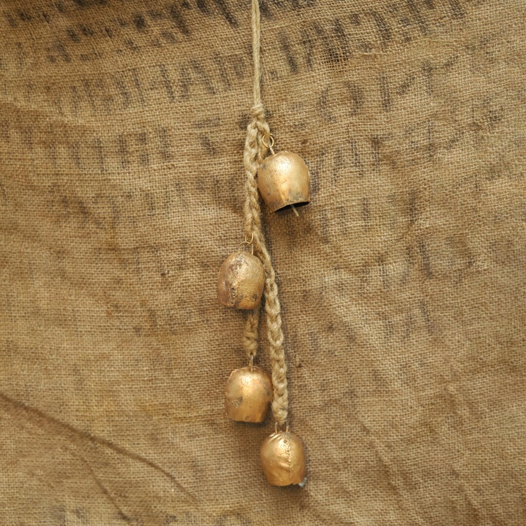 Vintage Rustic Hanging Cow Bells on Braided Jute Rope – Handmade Brass ...