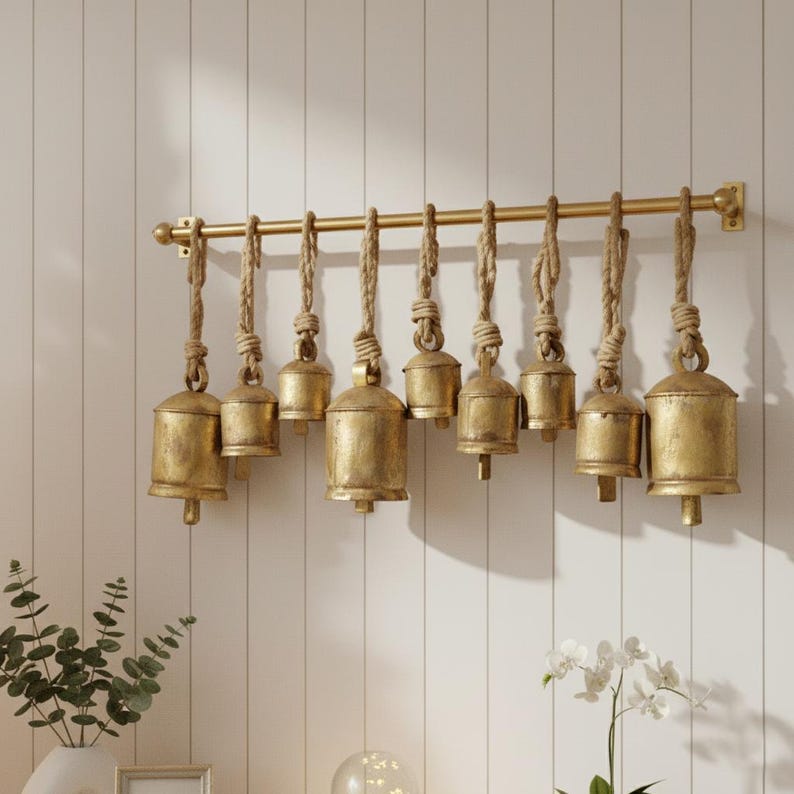 Handcrafted Brass Bell Set – Rustic Boho Wall Decor, 9 Bells on 24" Rod ...