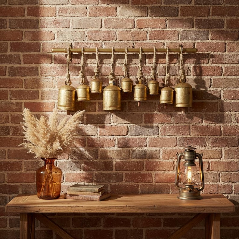 Handcrafted Brass Bell Set – Rustic Boho Wall Decor, 9 Bells on 24" Rod ...