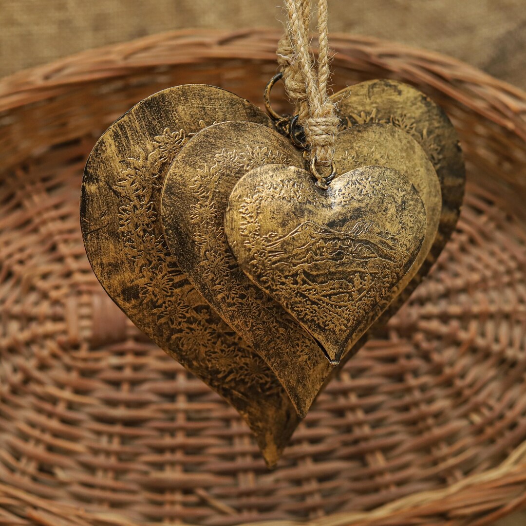 Etched Metal Heart Ornaments: Rustic Farmhouse Wall Decor, Set of 3 - Etsy