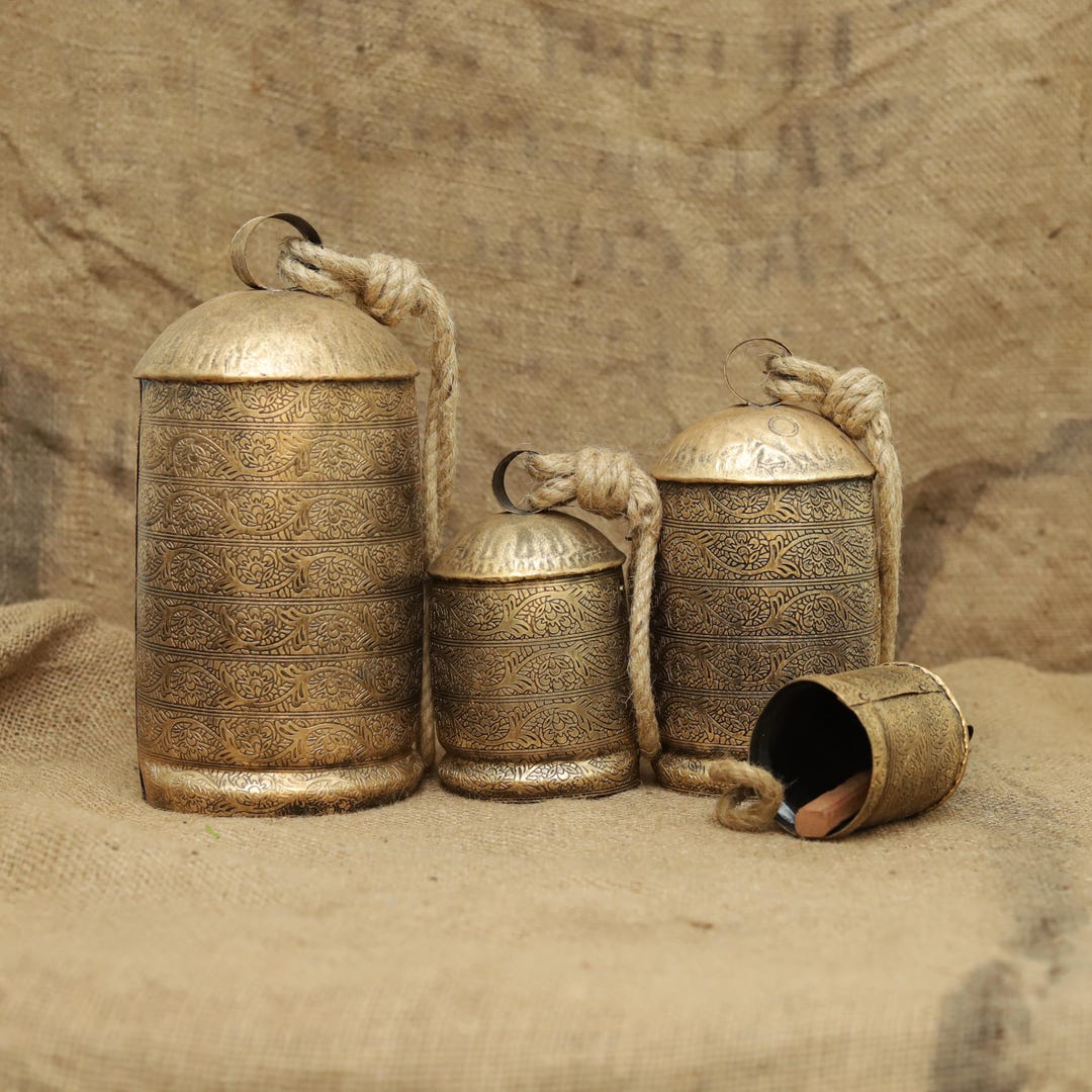 Handmade Etched Brass Cowbell: Rustic Boho Wind Chime With Jute Rope - Etsy