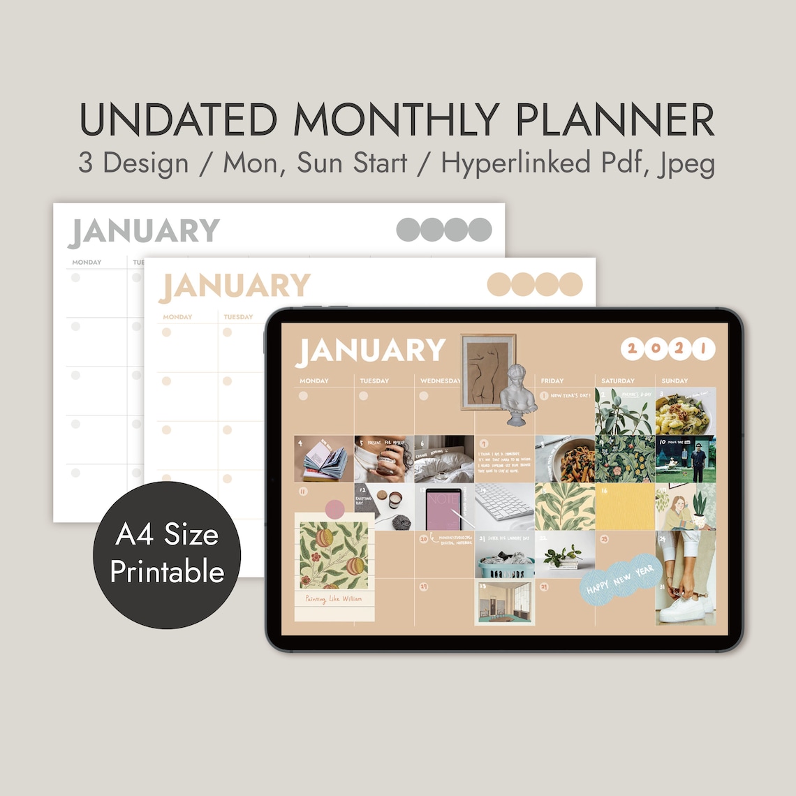 A4 Undated Monthly Planner Digital Printable Calendar | Etsy