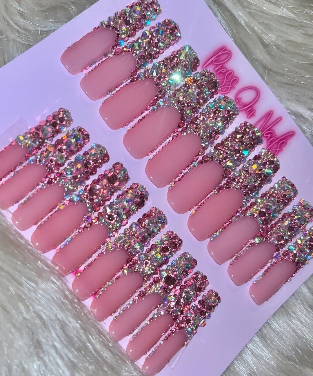 Pink and AB Rhinestone Mix French 3XL False Nails, Extra Long Stick on ...