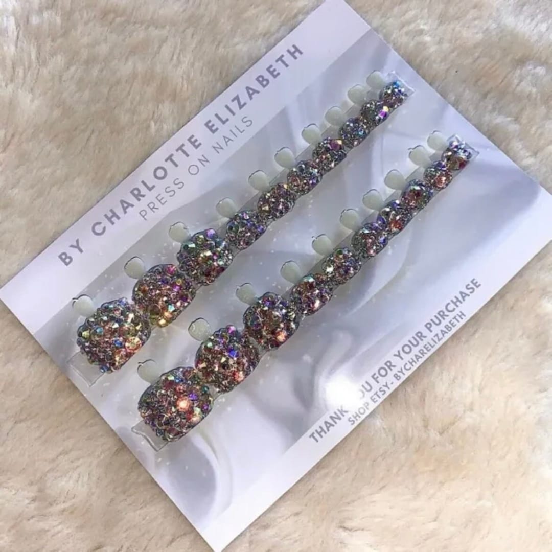 Rhinestone Press on Toe Nails, 22 Piece Nail Set, Sparkly Silver Toe ...