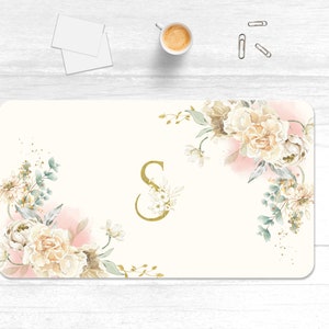 Monogram Floral Desk Mat, Custom Desk Pad, White Flower Desk Blotter ...