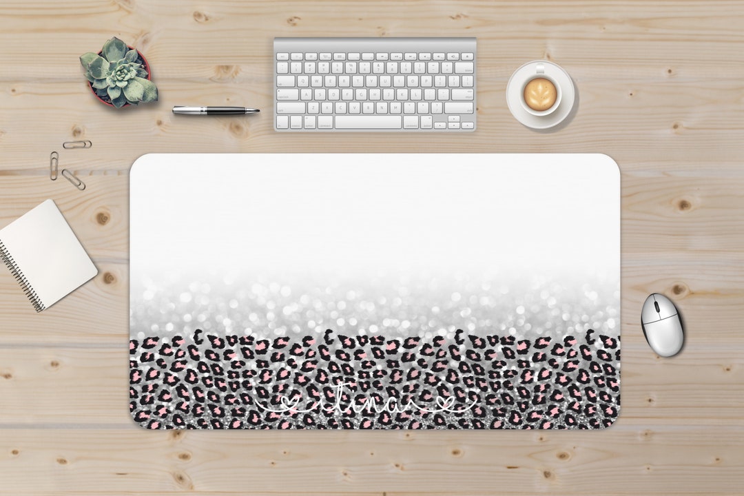 Silver Glitter Desk Mat, Leopard Pattern Desk Pad, Custom Desk Mat ...