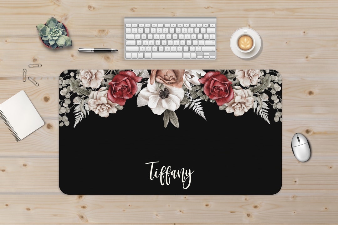Personalized Floral Desk Mat, Black & Red Desk Pad, Mouse Pad, Cute ...