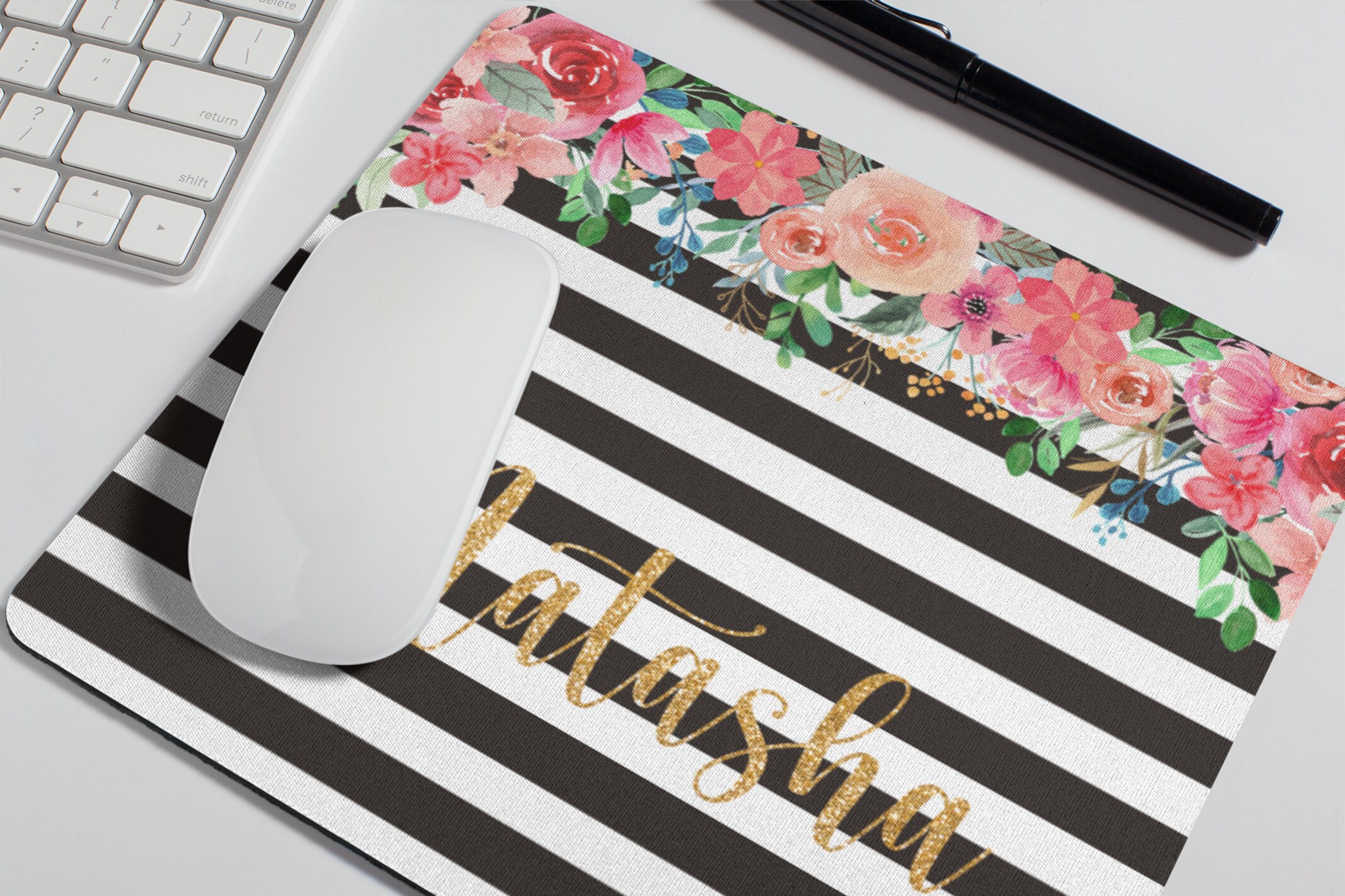 Gold Black Stripe Desk Mat Personalized Desk Pad Floral Desk | Etsy