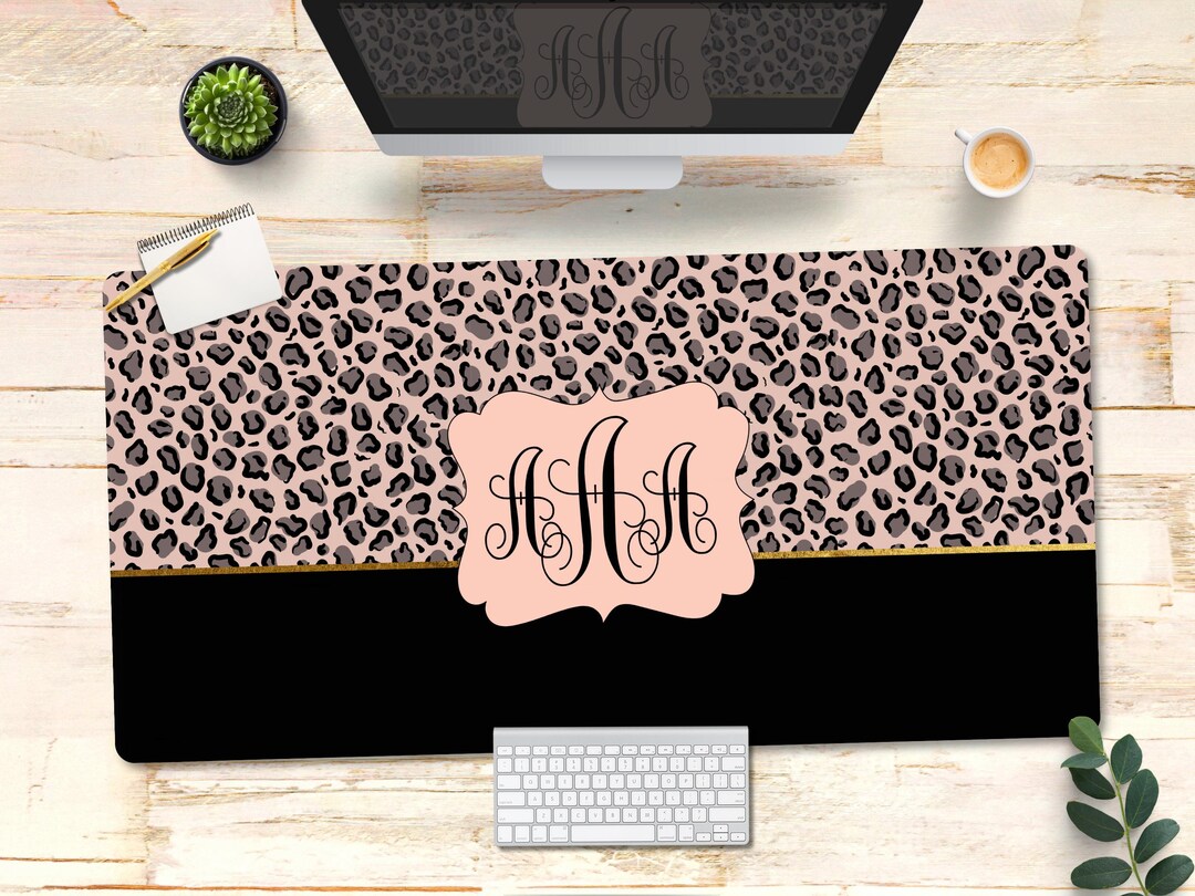Custom Leopard Print Desk Mat: Script Monogram Office Decor - Etsy