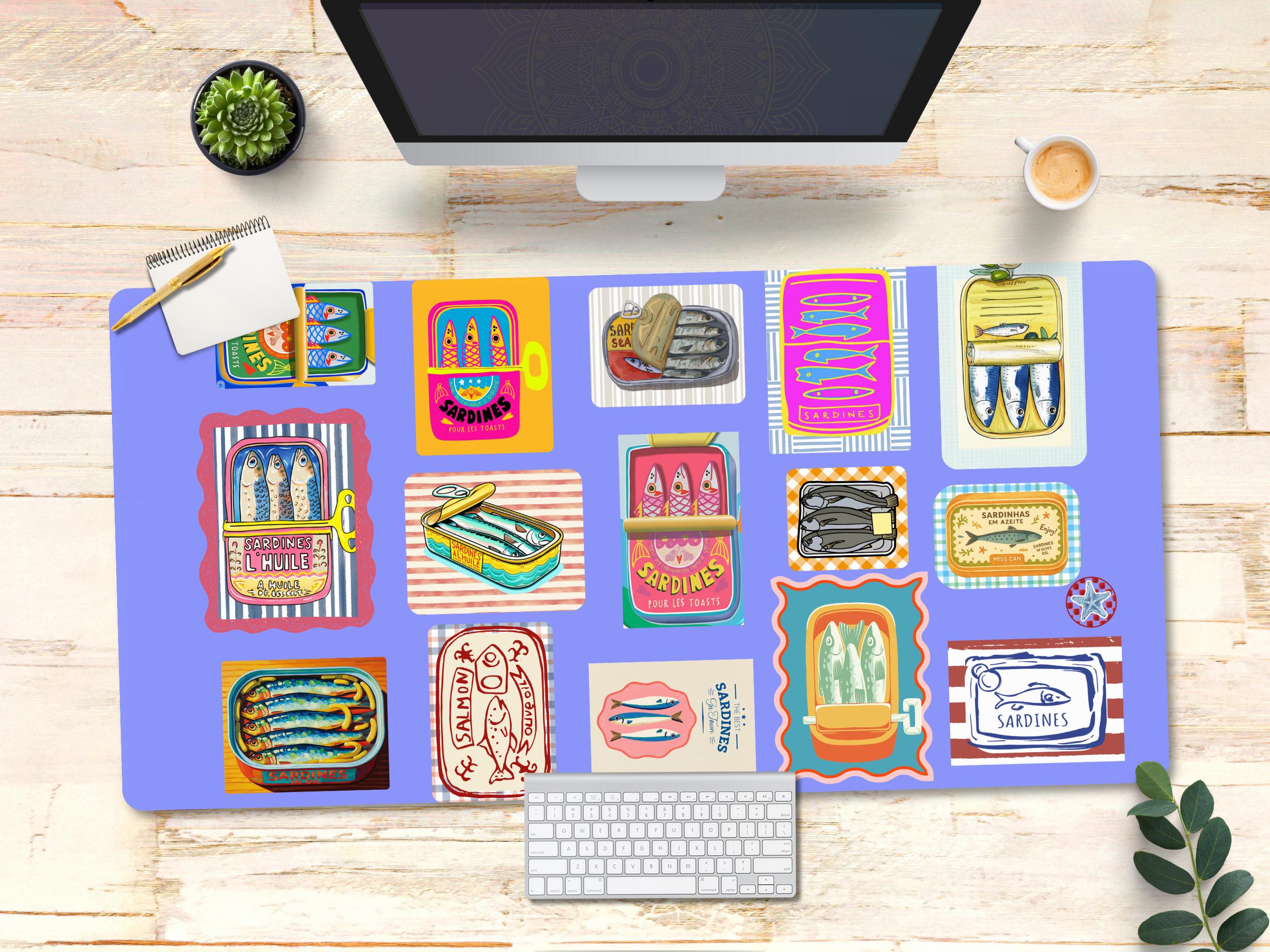 Sardine Can Desk Mat Cute Seafood Art Mousepad Fish Pattern Aesthetic ...