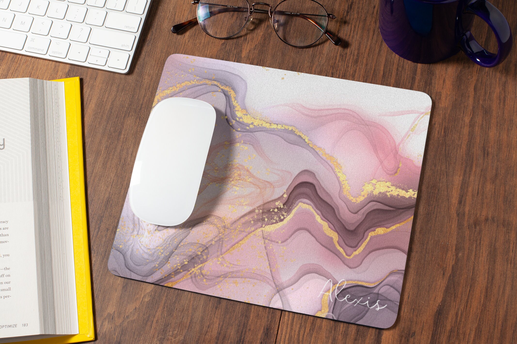 Pink Marble Desk Mat Personalize Desk Pad Pastel Gold Waves - Etsy