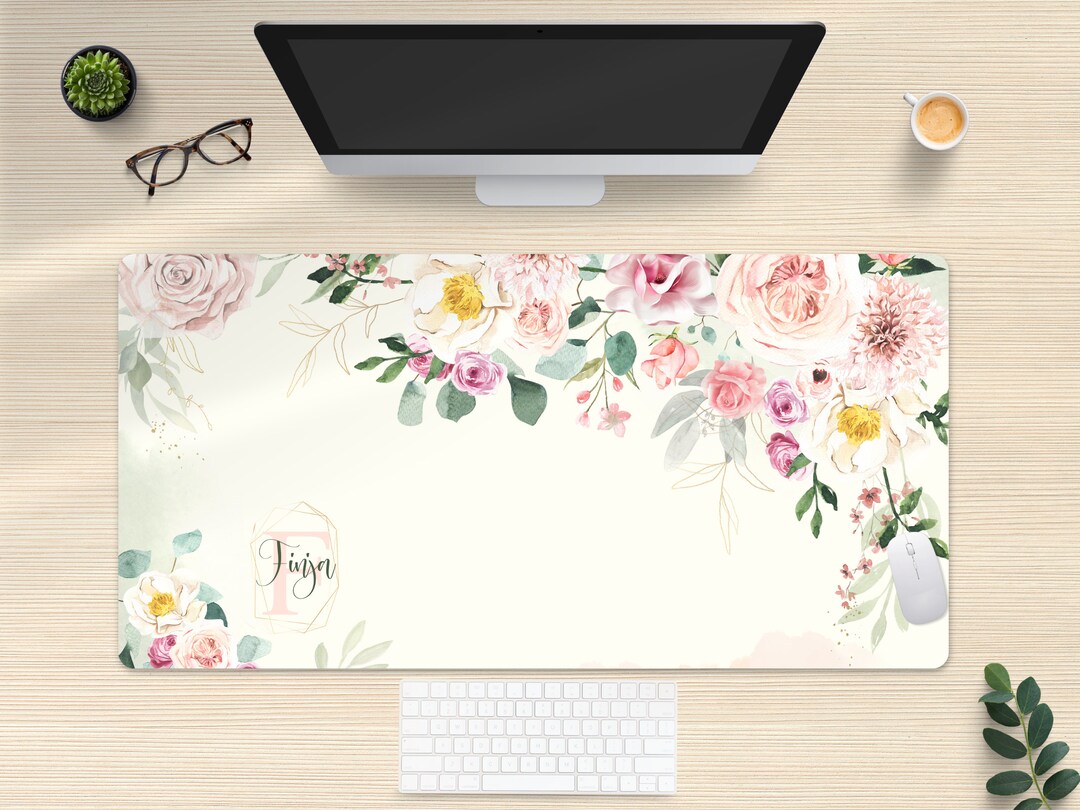 Floral Monogram Desk Pad: Botanical Mousepad, Custom Boho Desk Decor - Etsy