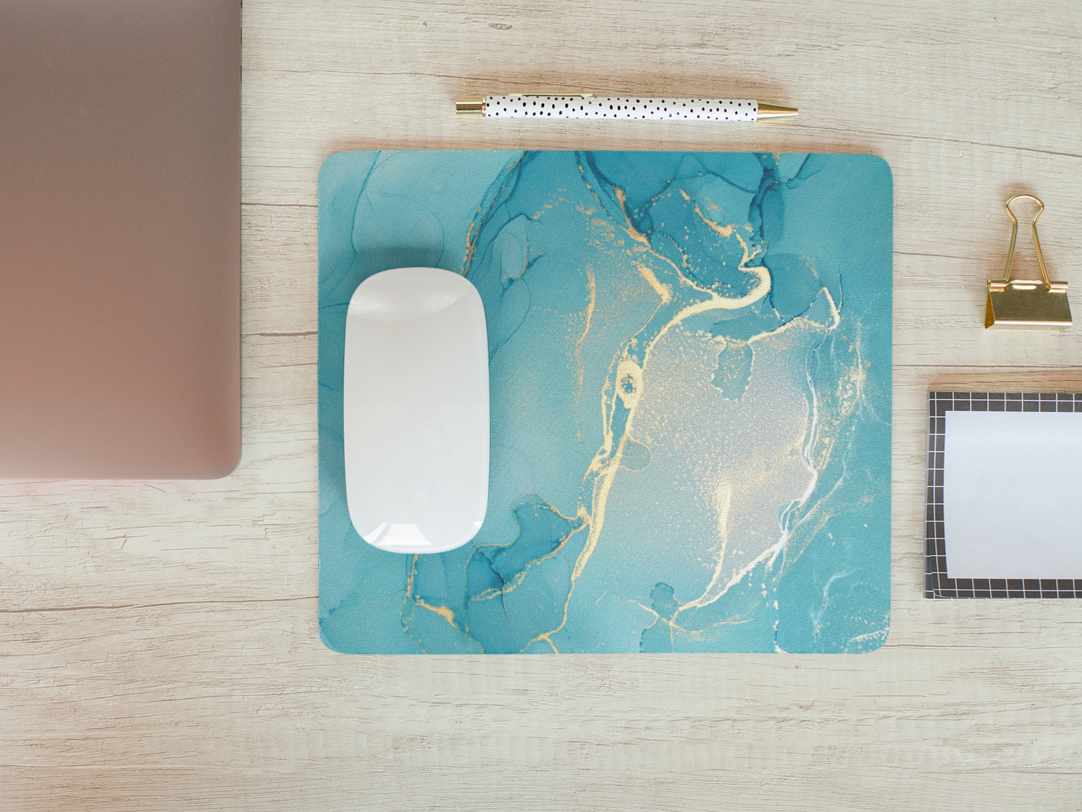 Gold Turquoise Marble Desk Mat: Personalized Office Decor, Ocean Waves ...
