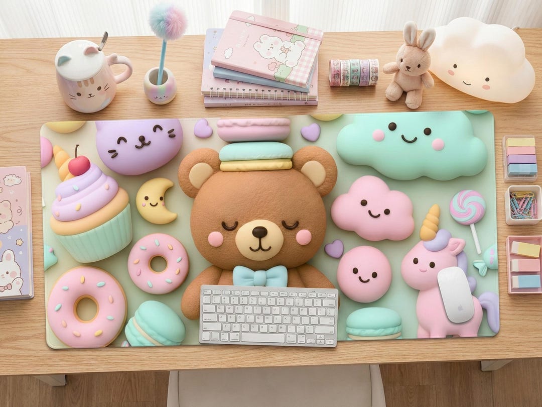 Pastel Kawaii Desk Mat, 3D Bear & Unicorn Gaming Mouse Pad, Preppy ...