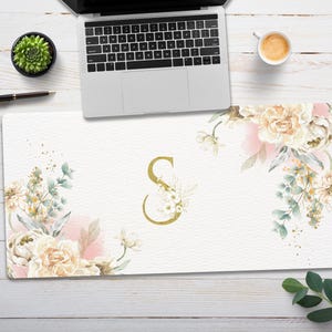 Monogram Floral Desk Mat, Custom Desk Pad, White Flower Desk Blotter ...