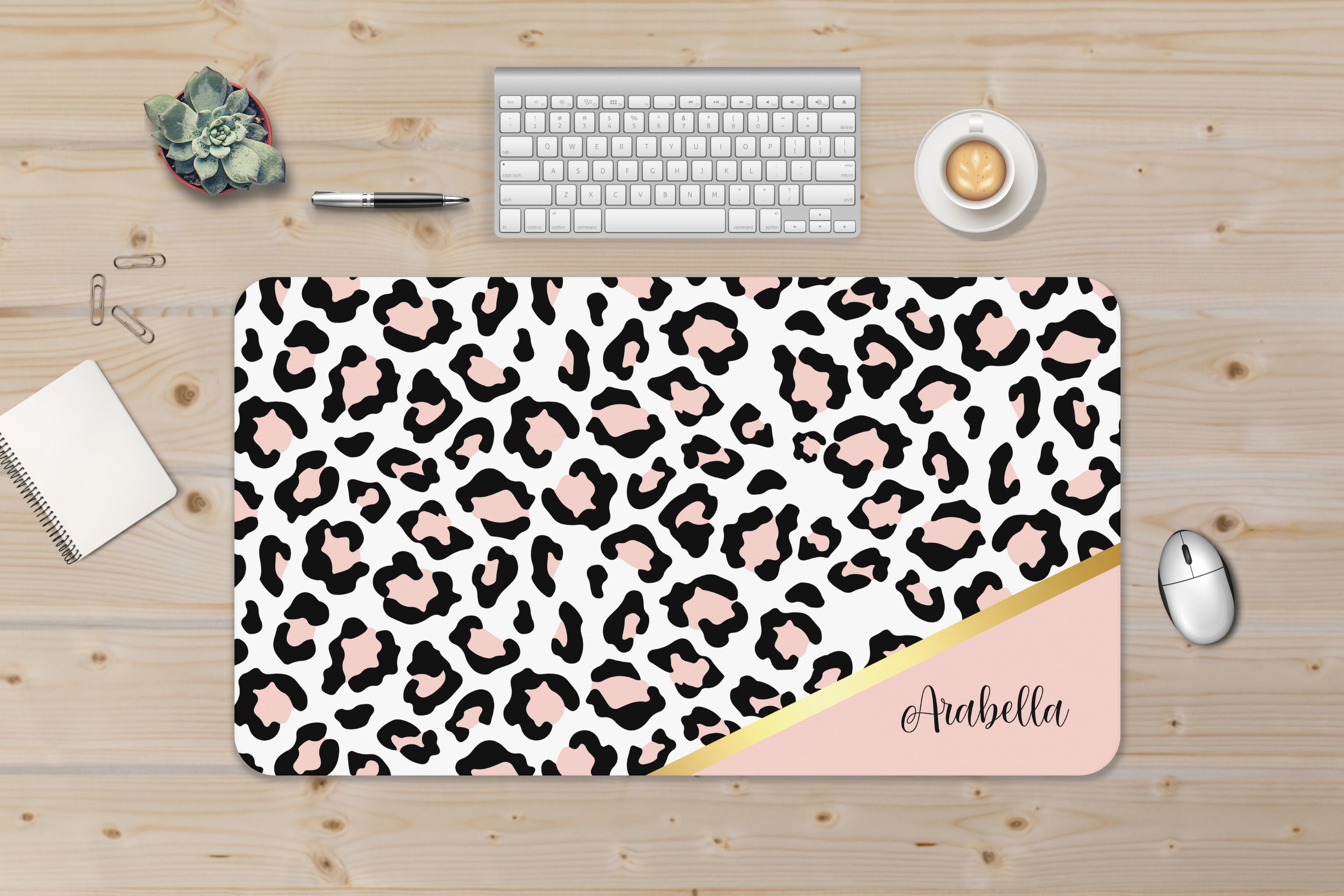 Leopard Pattern Desk Mat Personalized Desk Pad Pink and Gold | Etsy