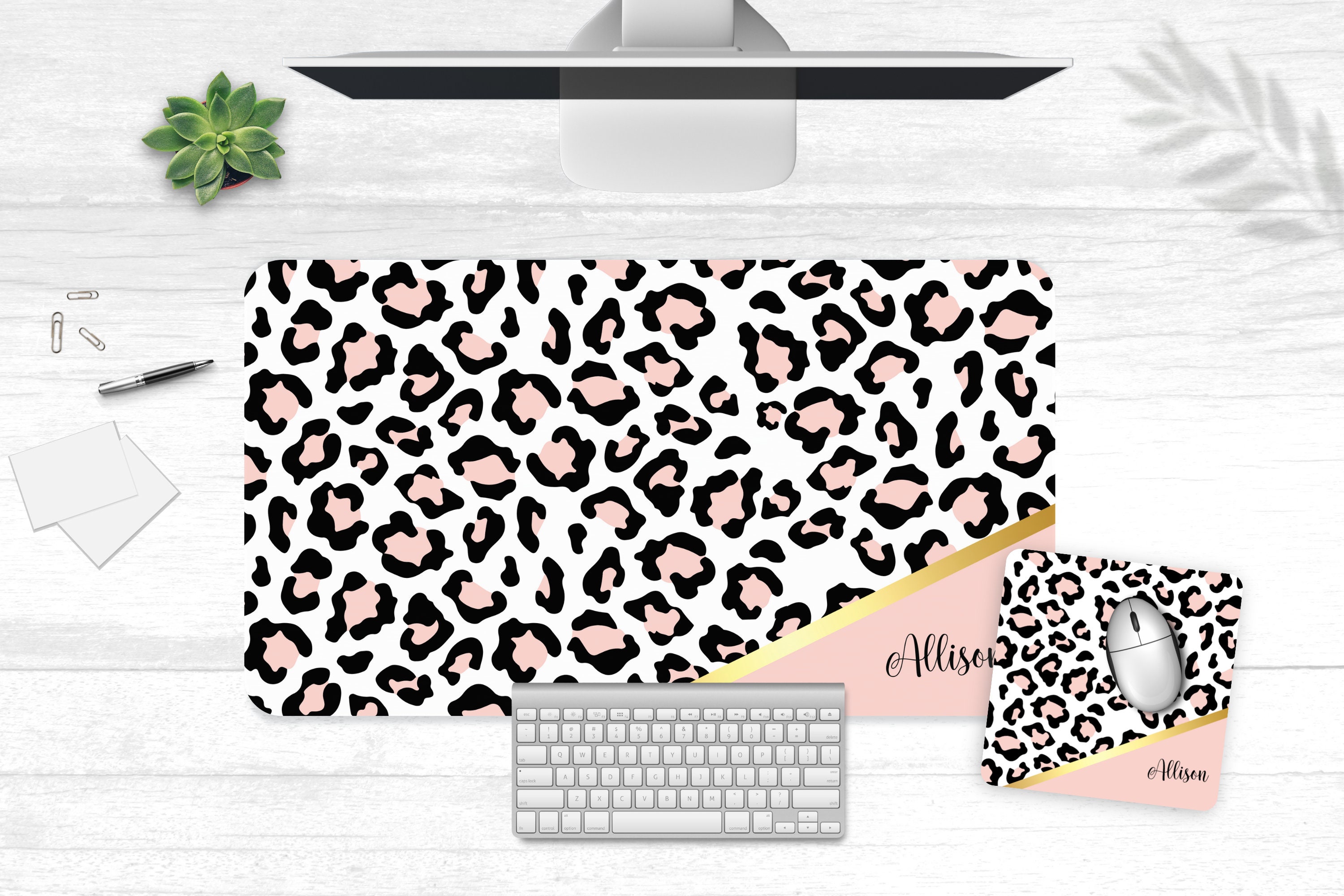 Leopard Pattern Desk Mat Personalized Desk Pad Pink and Gold - Etsy