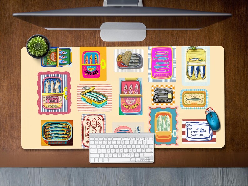 Sardine Can Desk Mat Cute Seafood Art Mousepad Fish Pattern Aesthetic ...