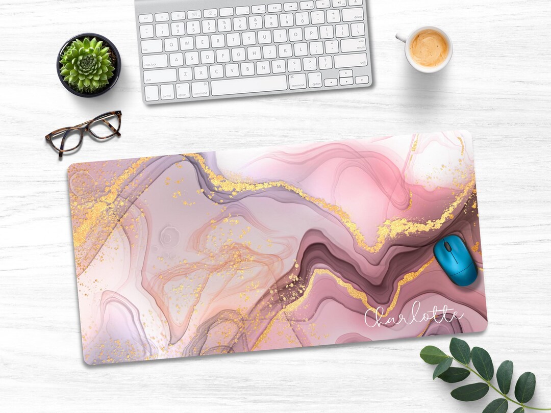 Pink Marble Desk Mat, Personalize Desk Pad, Pastel Gold Waves Desk Pad ...