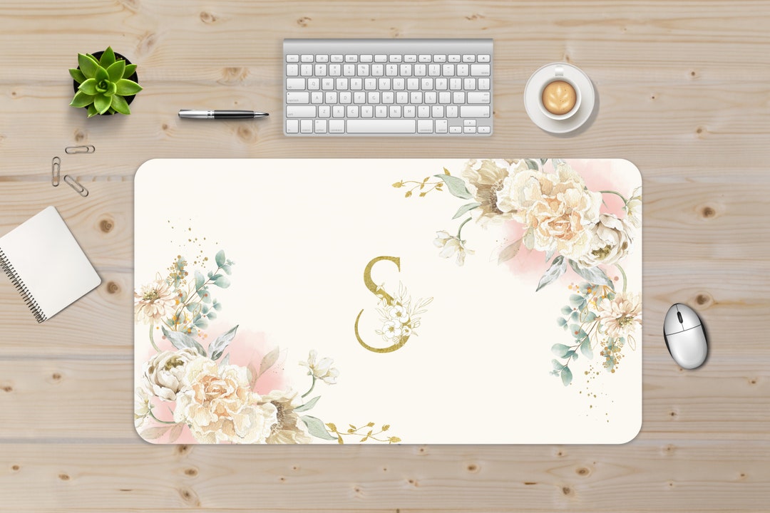 Monogram Floral Desk Mat, Custom Desk Pad, White Flower Desk Blotter ...