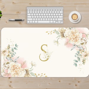 Monogram Floral Desk Mat, Custom Desk Pad, White Flower Desk Blotter ...