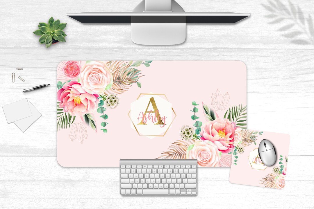 Pink Floral Desk Mat, Monogram Desk Pad, Boho Extended Mouse Pad ...