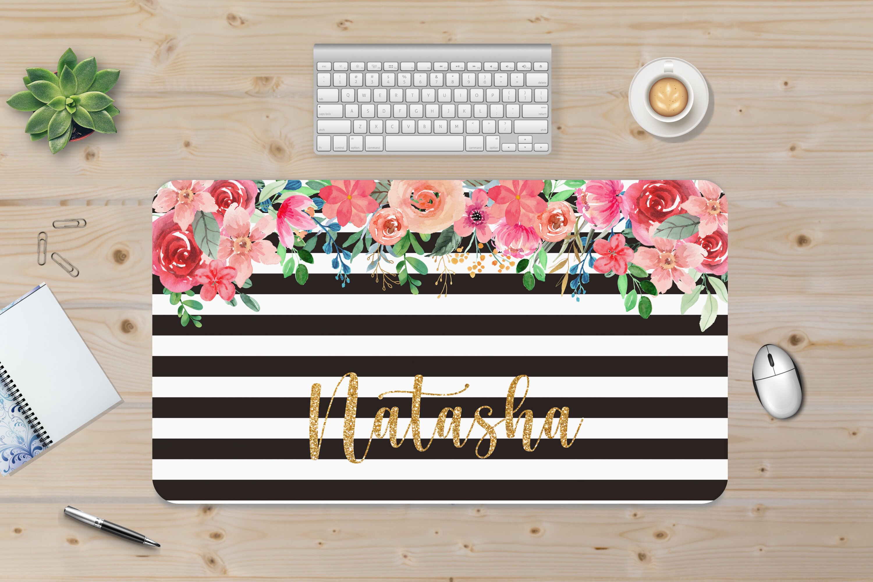 Gold Black Stripe Desk Mat Personalized Desk Pad Floral Desk | Etsy