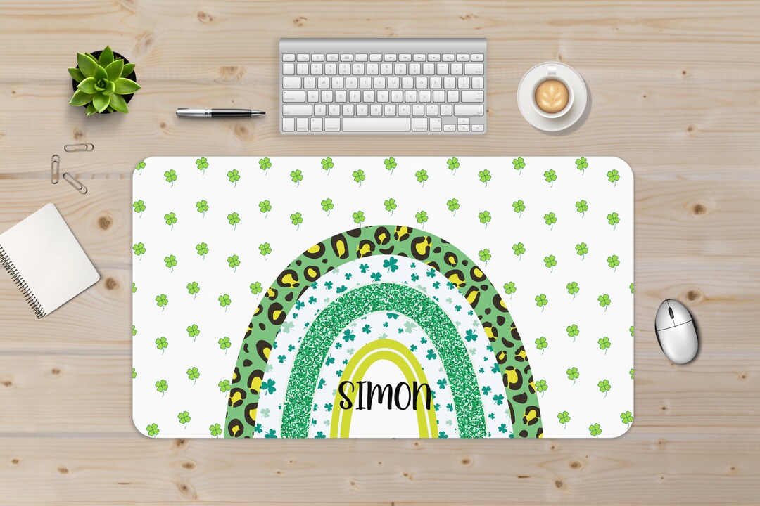 Rainbow Desk Mat, Personalized Desk Pad, Shamrock-four Leaf Clover ...