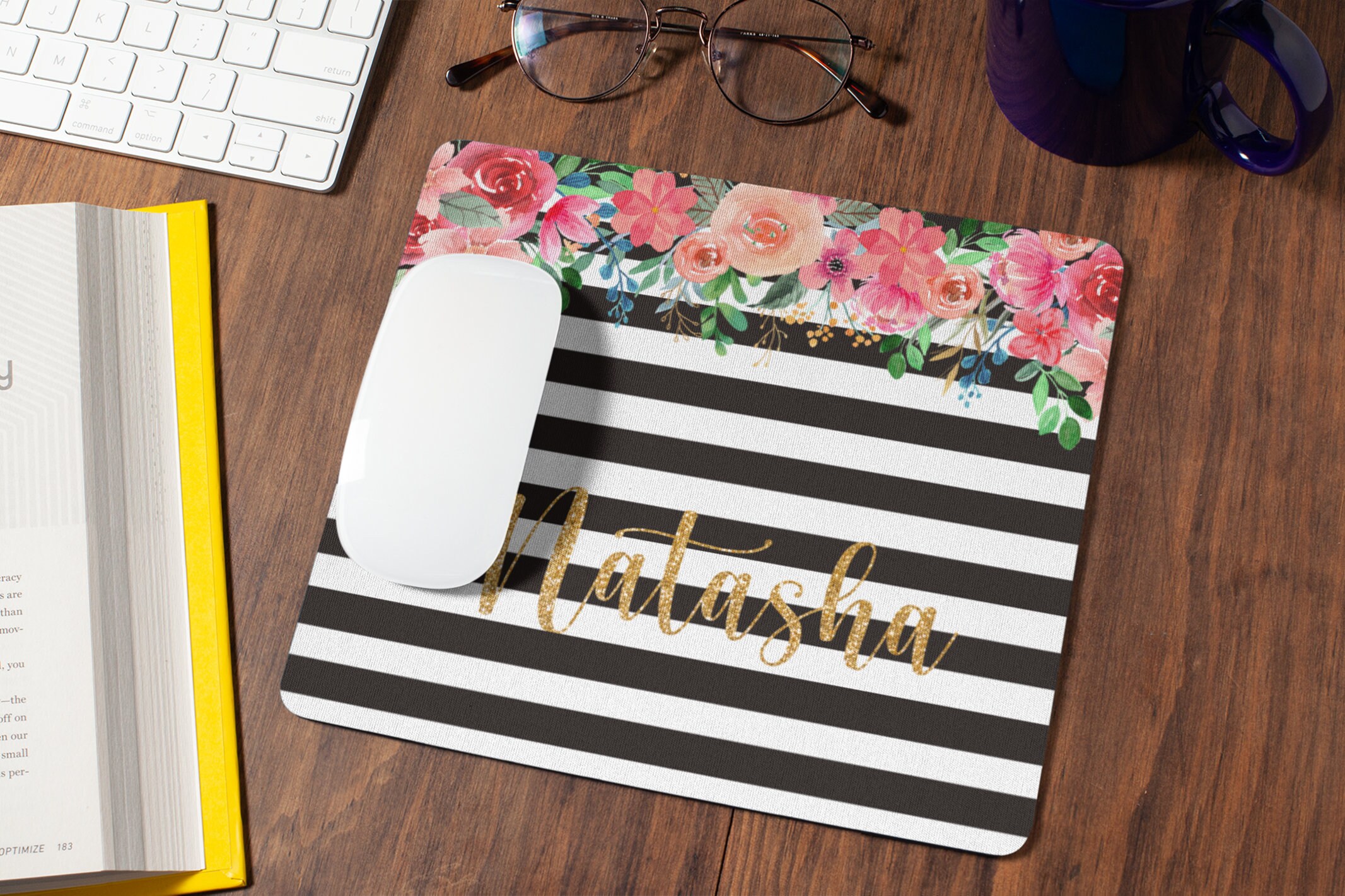 Gold Black Stripe Desk Mat Personalized Desk Pad Floral Desk | Etsy