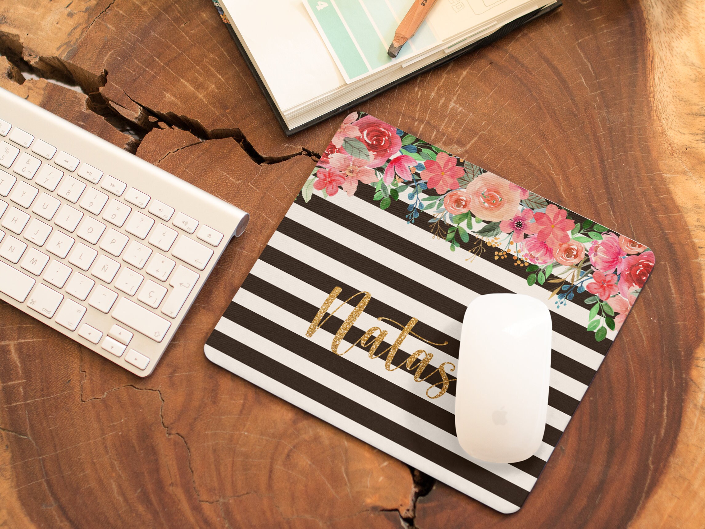Gold Black Stripe Desk Mat Personalized Desk Pad Floral Desk | Etsy