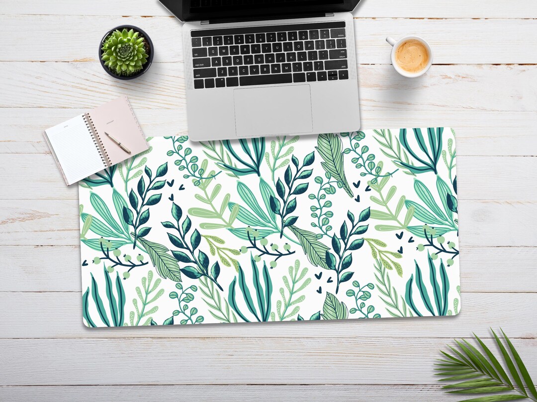 Green Leaves Desk Mat, Boho Desk Mat, Foliage Floral, Botanical Desk ...