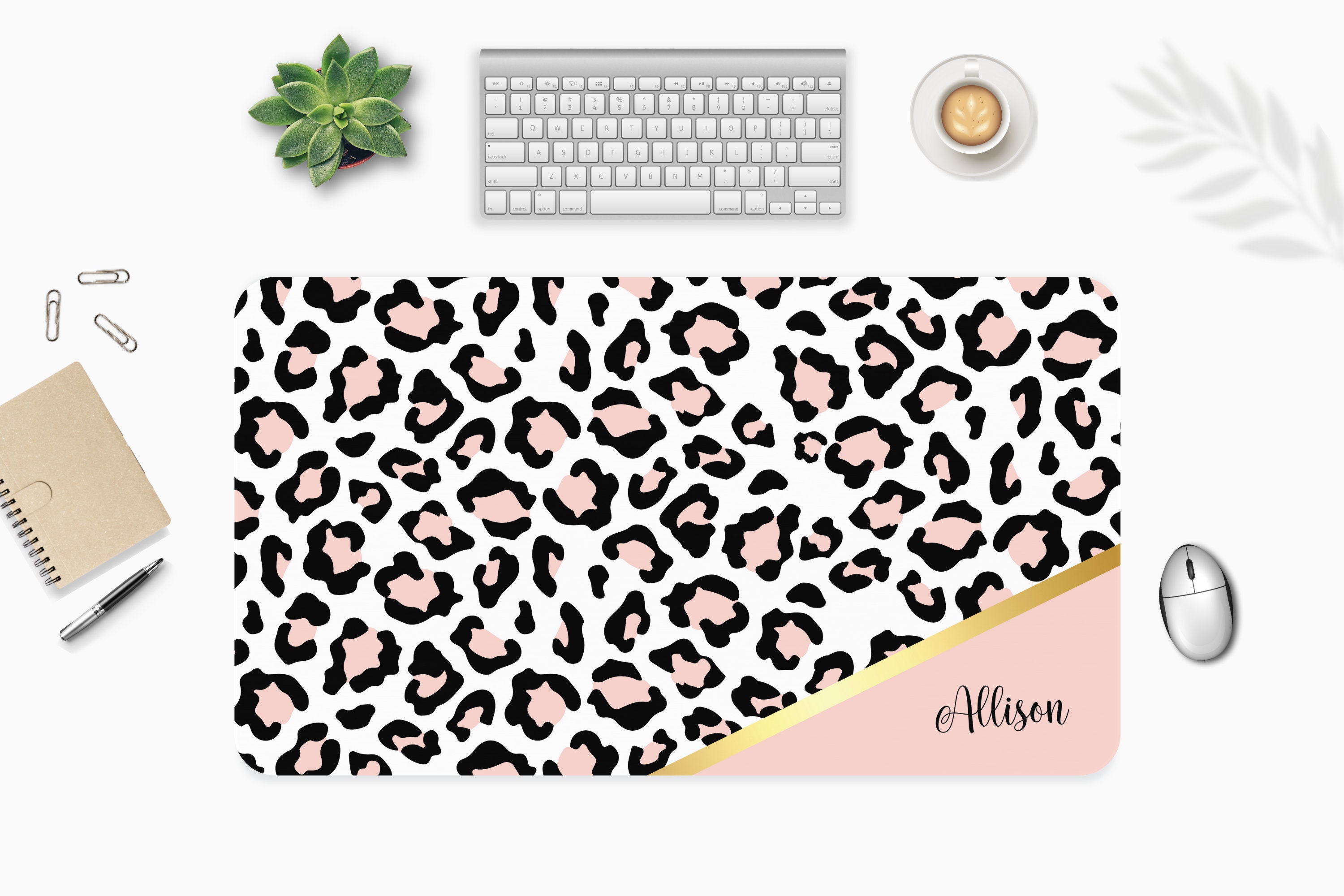 Leopard Pattern Desk Mat Personalized Desk Pad Pink and Gold | Etsy