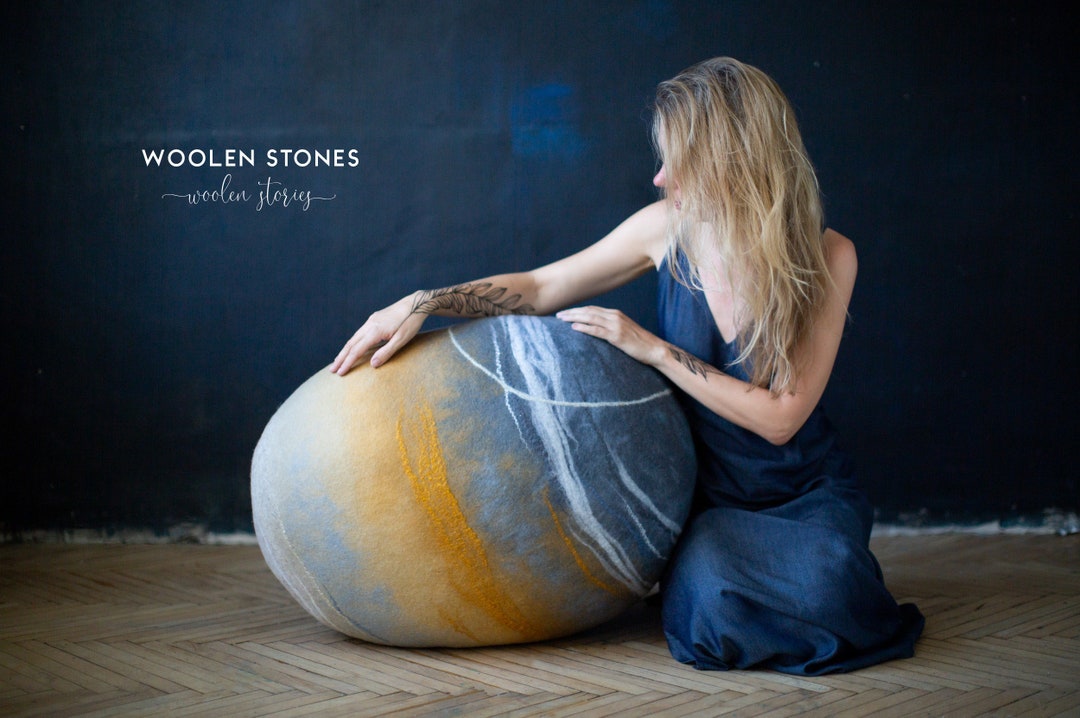 Handmade Wool Pouf Ottoman: Watercolor Stone Design, Scandinavian Decor ...