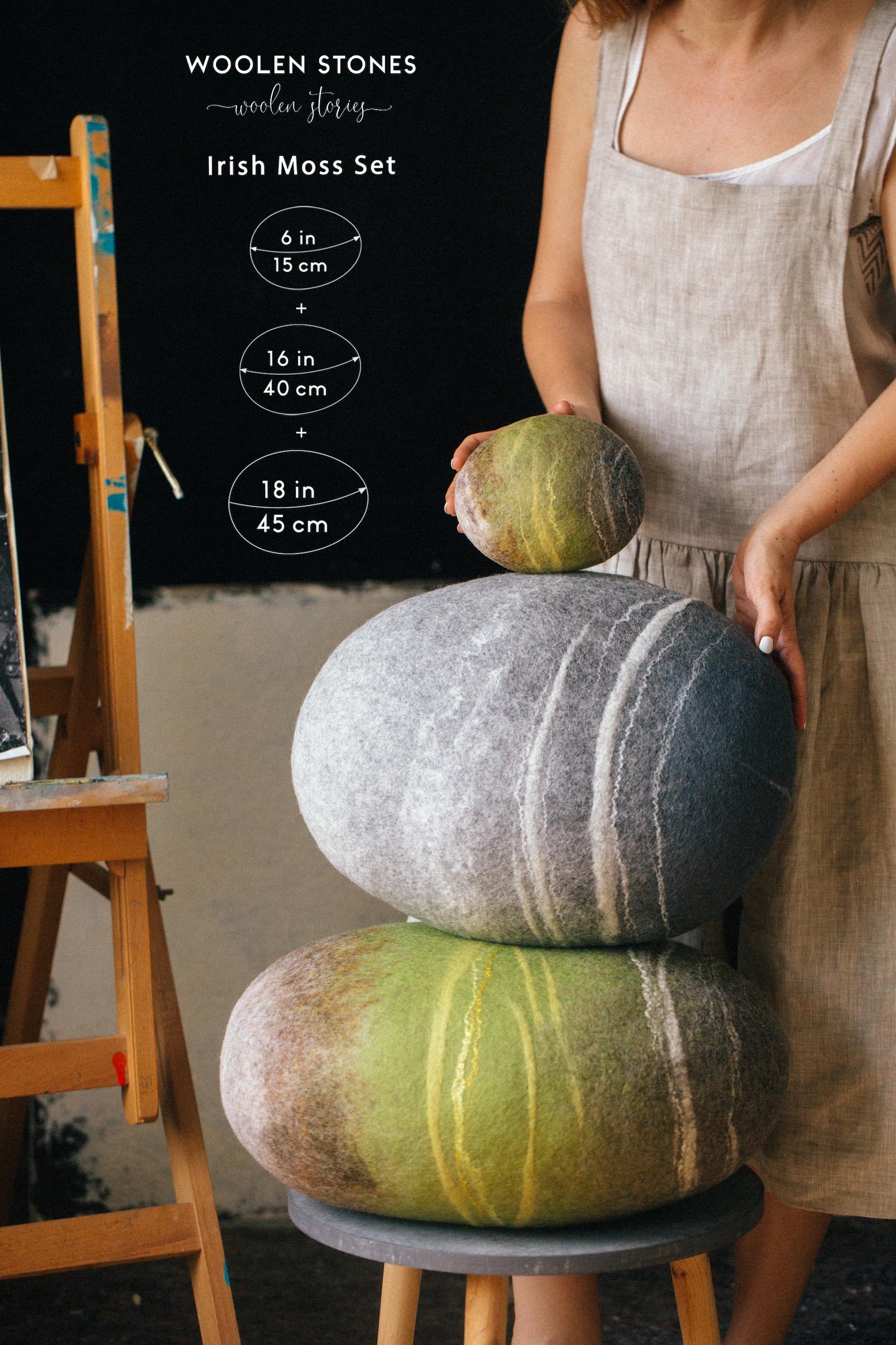 Watercolor Woolen Stone Pouf Set: Irish Moss & North Grey - Etsy