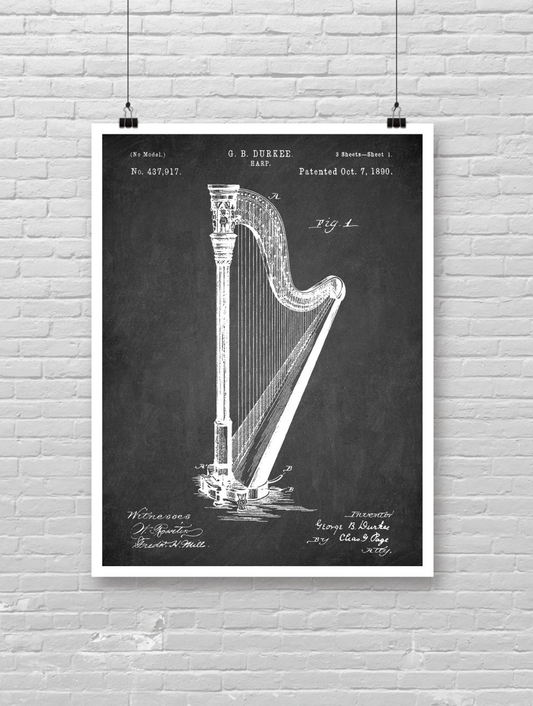 Vintage HARP Patent Poster, Harp 1890 Instrument Patent Print, Musical ...