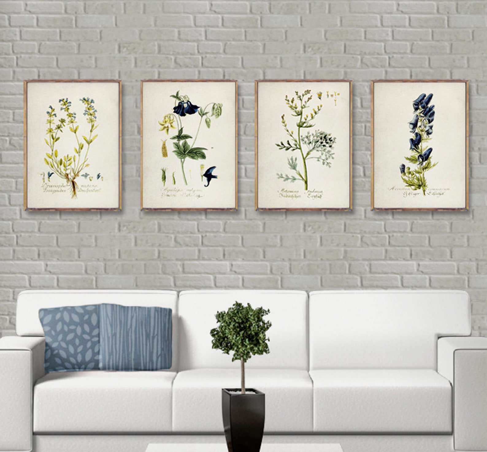 Vintage BOTANICAL 4 Print Set, Minimalist Botanical 4 Poster Set, Blue ...