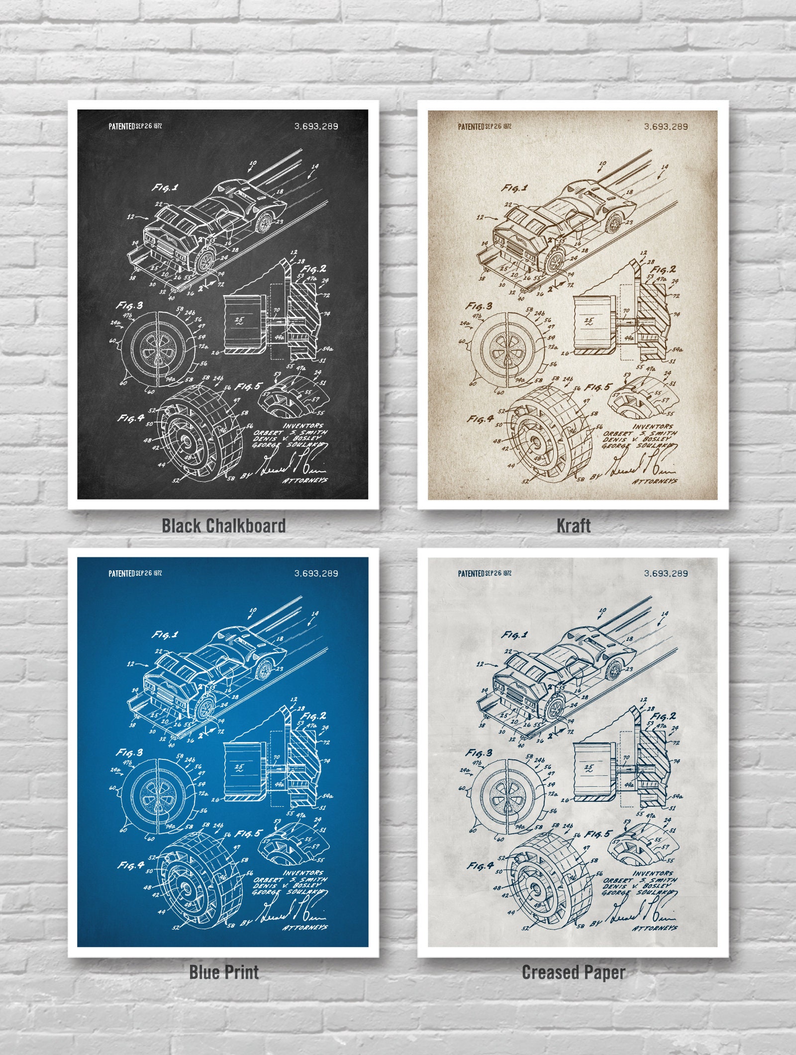 Race Toy Car Patent 6 Poster Set, Racing Toy Vehicle Wheels Patent ...