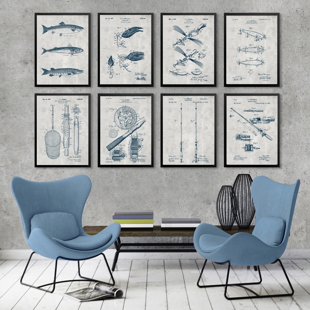 FISHING Patent 8 Print Set, Fish Poster, Fishing Rod Patent, Fishing ...