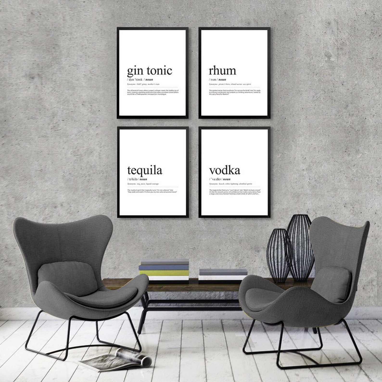 Set of 4 Alcohol Definition Prints, Gin Tonic, Rhum, Tequila, Vodka ...