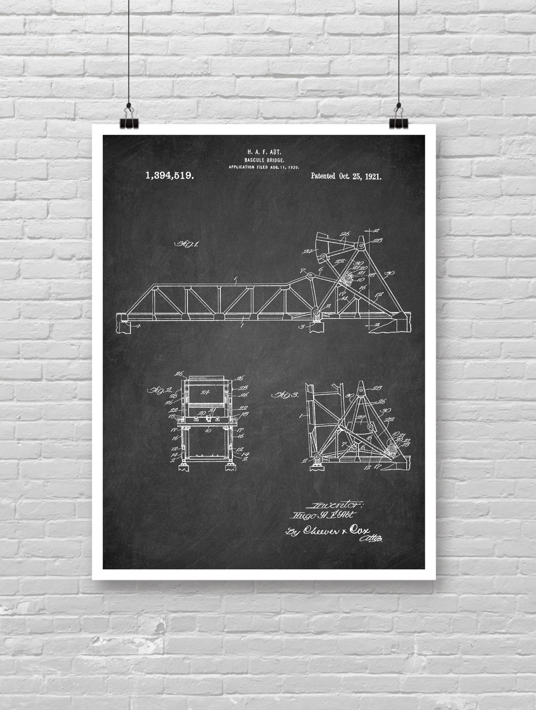BASCULE BRIDGE Patent 1921 Print, Bridge Architectural Drawing, Bridge ...