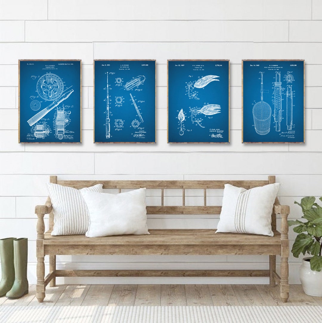 Vintage FISHING Patent 4 Poster Set, Fishing Reel Patent, Fishing Rod ...