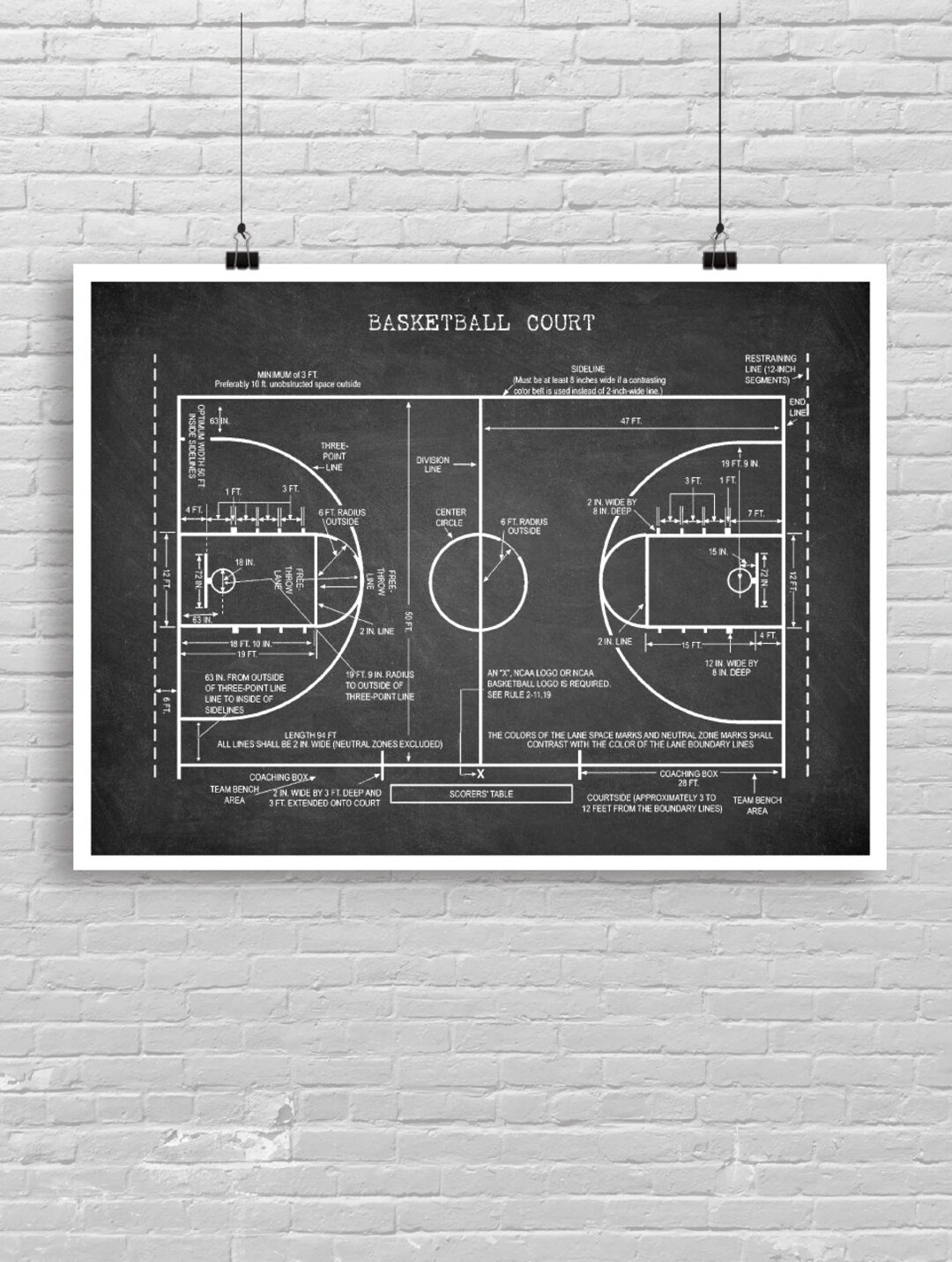 BASKETBALL COURT Art Print, Vintage Basketball Field Poster Horizontal ...